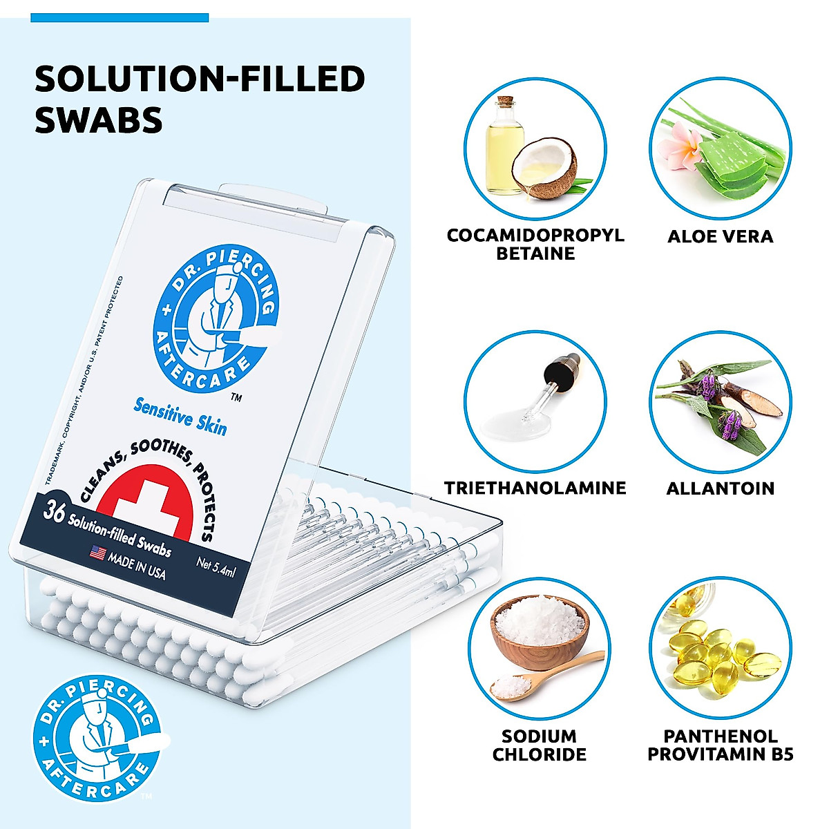 Dr. Piercing Aftercare Swabs - Saline Solution for Piercings - Earring Nose Belly Ear Piercing Cleaner - Saline Wash, Ear Hole Cleaner – Piercing Aftercare Formula - 36 Swabs