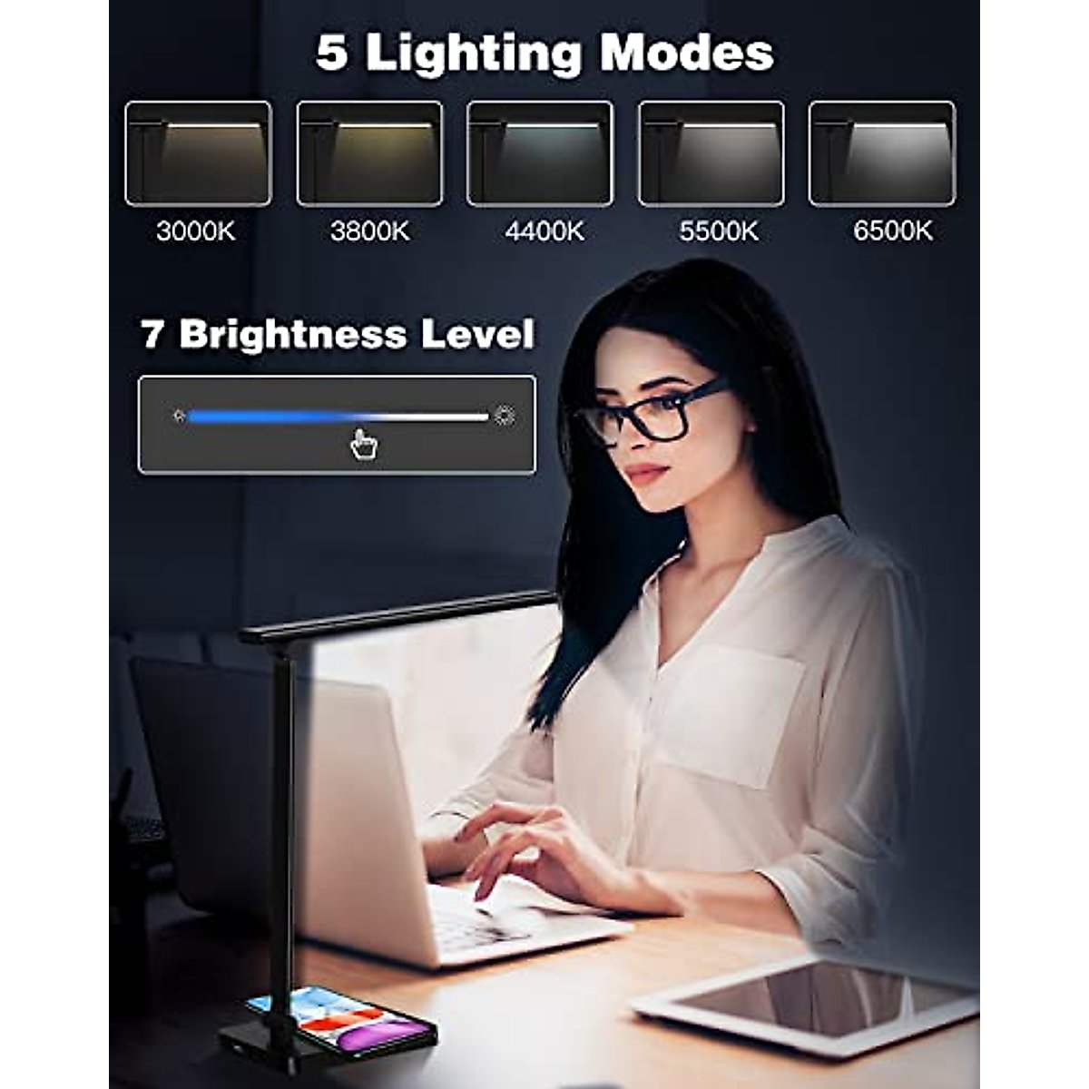 AGEARSUK LED Desk lamp, Desk Lamp with USB Charging Port for Home Office, Dimmable Desk Lamp with Wireless Charger, Eye-Caring Reading Lamps, Touch Control Study Lamps for Dorm (Adapter Included)