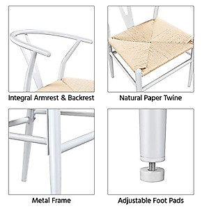 Yaheetech Set of 2 Weave Chair Mid-Century Metal Dining Chair Y-Shaped Backrest Hemp Seat, White