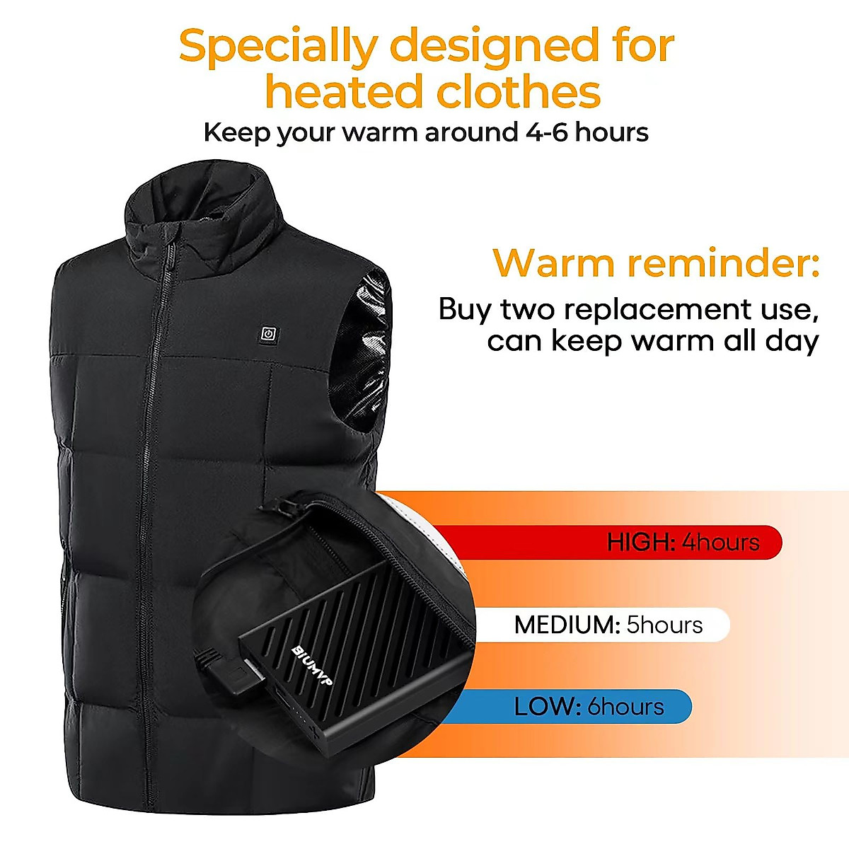 BIUMVP Heated Vest Battery Pack,10000mAh 5V 2A Power Bank Specially Designed for Heated Jacket, Heated Clothes,Heated Coat,Heated Pants.