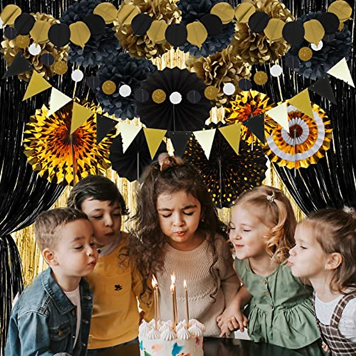 ZERODECO Gold and Black Party Decorations, Hanging Paper Fan Pom Poms Pennant Garland String Banner Fringe Curtains Birthday Parties Graduation Wedding Happy New Year Eve Party Decorations