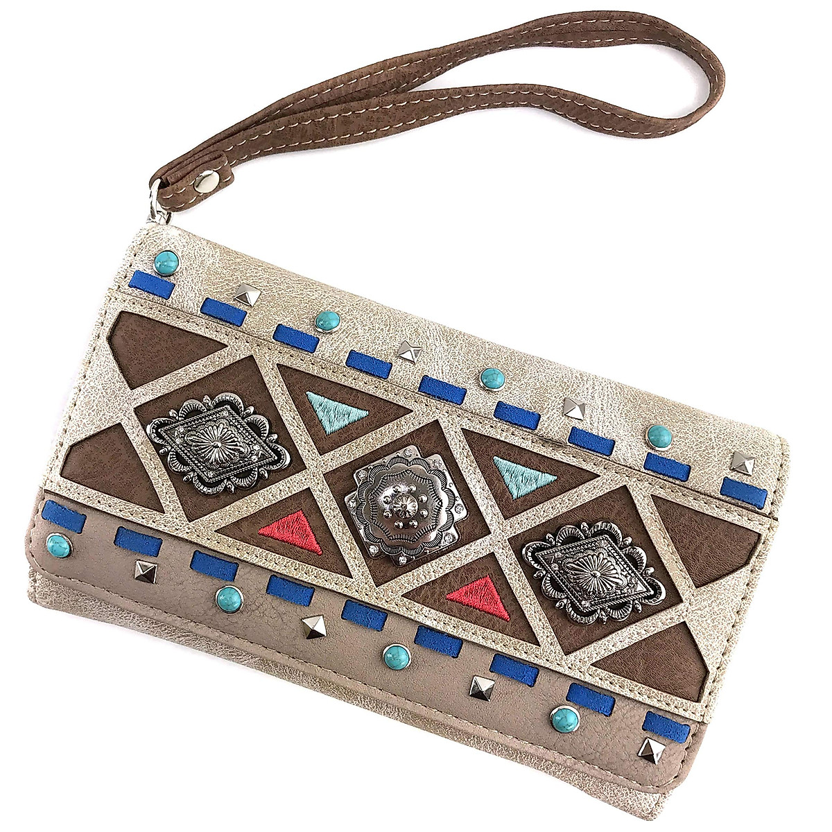 Zelris Colorful Native Tribal Patterns Concho Crossbody Wrist Trifold Wallet (Beige)