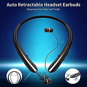 Bluetooth Headphones Retractable, Neckband Earbuds Wireless Headset Sports Noise Cancelling Stereo Earphones with Microphone Compatible with iPhone, Smart Phone, Android, Samsung, iPad (Black Gold)