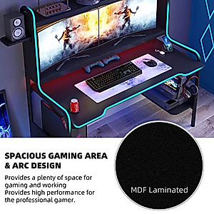 TIYASE Gaming Desk with Monitor Stand, 55 Inch Gaming Computer Desk with Hutch and Storage Shelves, Large PC Gamer Desk Workstation Gaming Table with Cup Holder, Headphone Hook, Speak Stands, Black