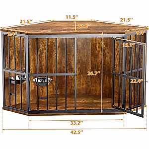 ROOMTEC 42 inch Furniture Dog Crate Corner, Dog Kennel Corner Wooden End Table with Bowl, Indoor Pet Crates Corner Side Table for Dogs, Wide Top Perfect for Limited Room