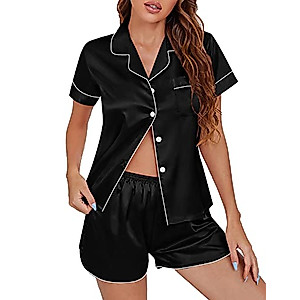 SWOMOG Womens Silk Satin Pajama Set Short Sleeve Pjs Set 2 Piece Button Down Sleepwear Lounge Sets Loungewear A-black