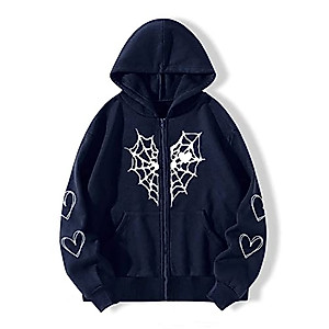 Y2K Gothic Spider Web Heart-shaped Print Hoodied Pullover Punk Zip Up Jacket Coat Harajuku Loose Oversized Streetwear (Black Pink,S)