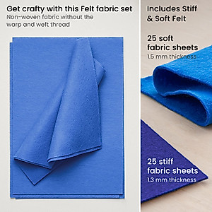 ARTEZA Blue Craft Felt Sheets, 8.3 x 11.8 Inches, Set of 50, 20 Soft and 30 Stiff Non Woven Felt Fabric for Sewing and DIY Projects