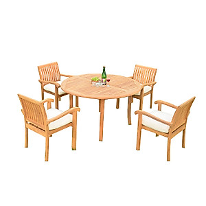5 PC A Grade Outdoor Patio Teak Dining Furniture Set - 48" Round Table & 4 Naples Stacking Arm Chairs