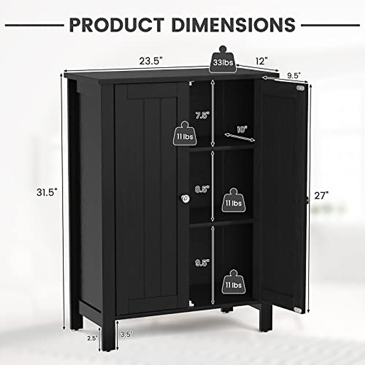 COSTWAY Bathroom Floor Cabinet - Freestanding Side Storage Organizer with Double Doors & Adjustable Shelf, Wooden Storage Cabinet for Living Room, Bedroom, Kitchen, Entryway (Black)