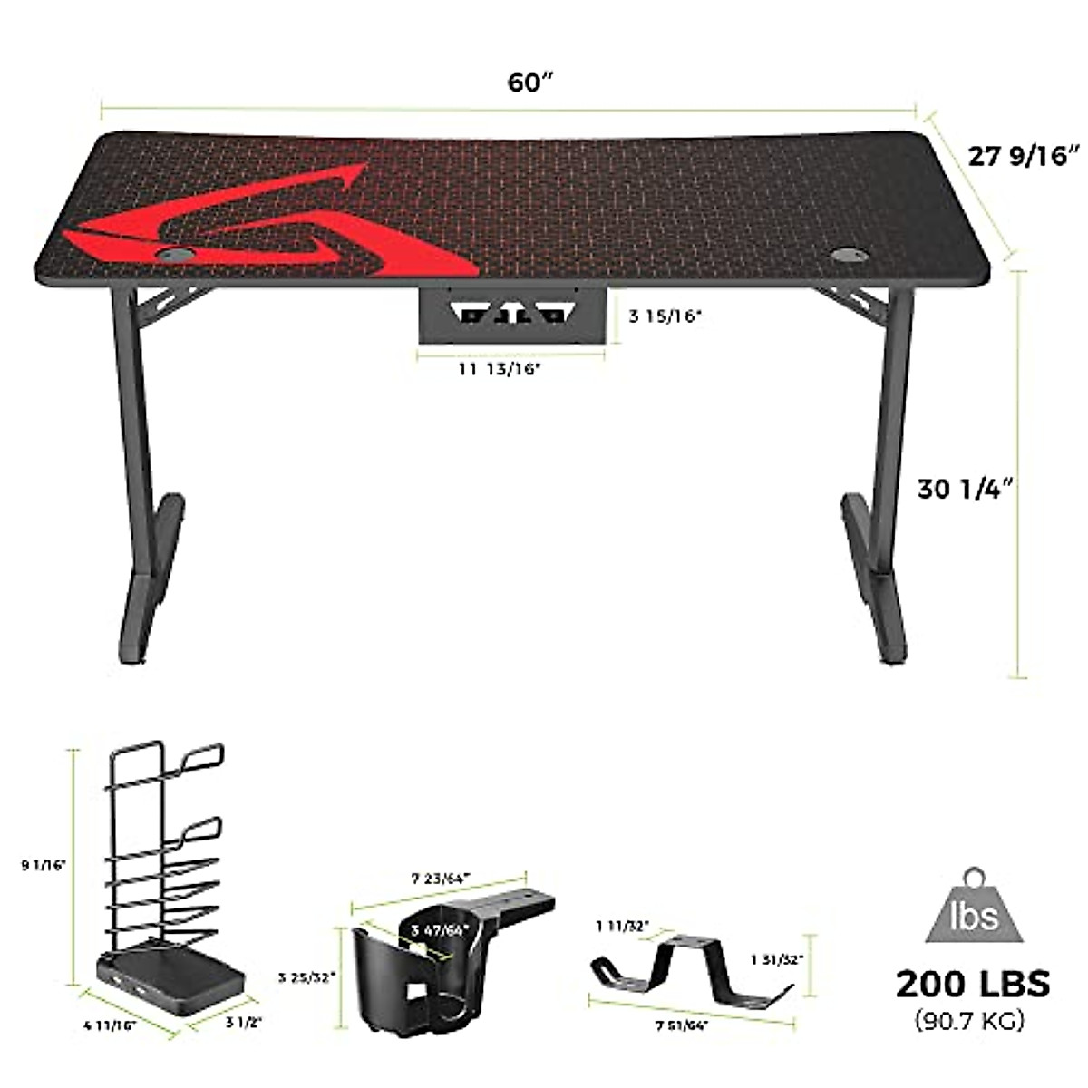 Eureka Ergonomic 60'' Gaming Desk, T-Shaped Carbon Fiber Surface Computer Desk with Free Mouse Pad,Large PC Gamer Desk Gaming Table with USB Handle Rack Cup Holder Headphone Hook,Black