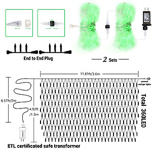 BrizLabs Green Net Lights Outdoor, 11.8ftx 4.9ft 360 LED Christmas Mesh Lights with Remote, 8 Modes Bush Net Sting Lights, Connectable Plugin Halloween Net Lights for Xmas St Patrick’s Day Tree Garden
