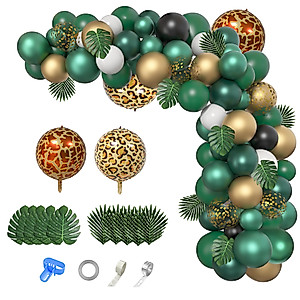 150Pcs Jungle Safari Green Balloons Garland Arch Kit, Emerald Dark Green Gold Animal Foil Balloon Tropical Palm Leaves for Safari Baby Shower Birthday Decorations for Boys Wild One Party Supplies