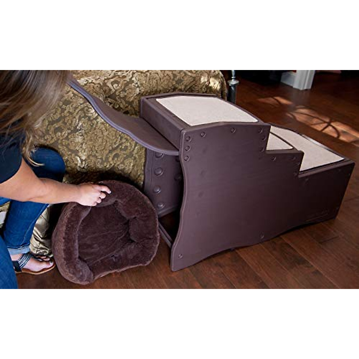 Pet Gear Easy Step Bed Stair for Cats/Dogs, Adjusts to Either Side of Bed, Removable Washable Carpet Treads, Storage Compartment, for Pets Up to 75lbs