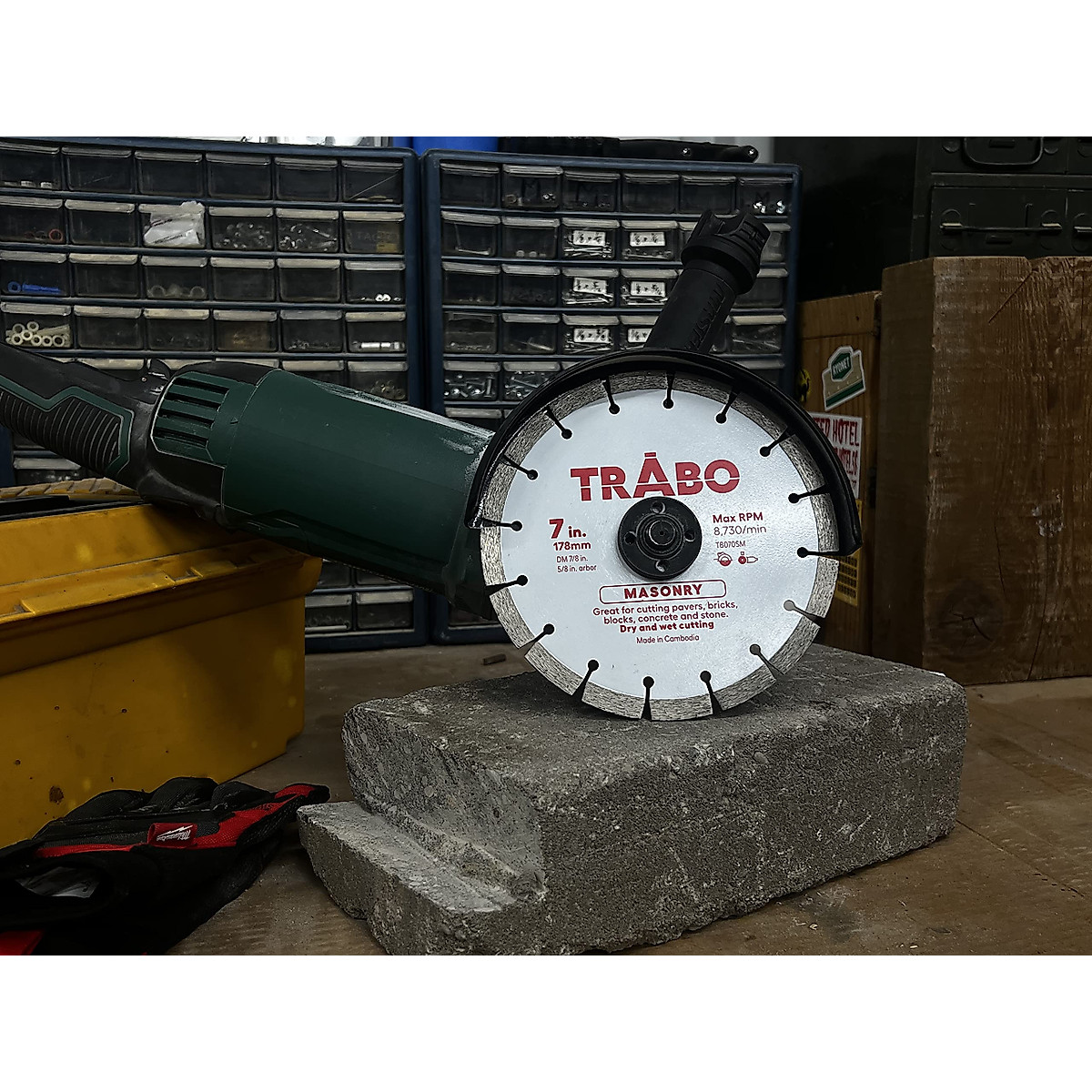 Trabo 7 Inch Masonry Segmented Rim Diamond Bond Blade for Cutting Cement, Pavers, Concrete with Rebar, Natural Stone and More, with 7/8 Inch Arbor with 5/8 Inch Reducer Ring