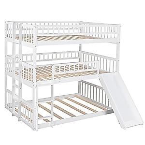 OYN Wooden Full-Over-Full-Over-Full Triple Bed Frame with 2 Built-in Ladder and Slide ,Triple Bed with Full Length Guardrails for Children, Teens ,Boys & Girls, White