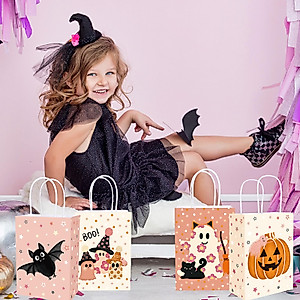 Whaline 24Pcs Pink Halloween Party Gift Bags with Handles Cute Ghost Boo Bat Evil Pumpkin Cat Paper Goodie Bags Candy Treat Bags for Birthday Wedding Baby Shower