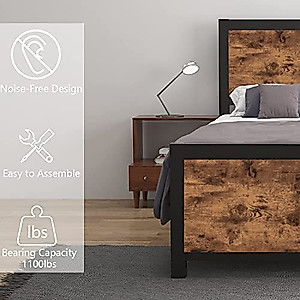 Catrimown Twin Size Metal Bed Frame with Rustic Brown Wooden Headboard，Mattress Foundation，Large Under Bed Storage，Metal Slat Support，No Box Spring Needed,Easy Assembly