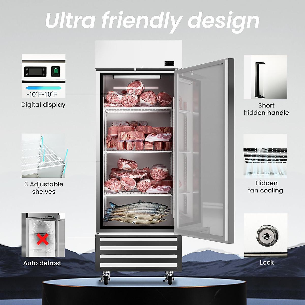 KICHKING 27"W Dynamic Cooling Commercial Freezer 23 Cu. Ft OmniSmart Temperature Control -10℉~10℉ Self Closing Stainless Steel Reach-In Commercial Freezer Digital Thermostat LED Lighting 3 Shelves