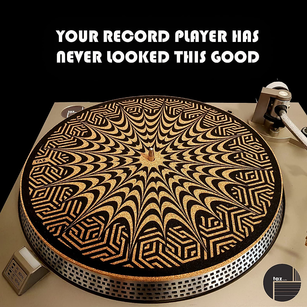 TazStudio Cork Turntable Mat for Better Sound Support on Vinyl LP Record Player - Original Geometric Design Mix Pattern [3mm thickness]-m1