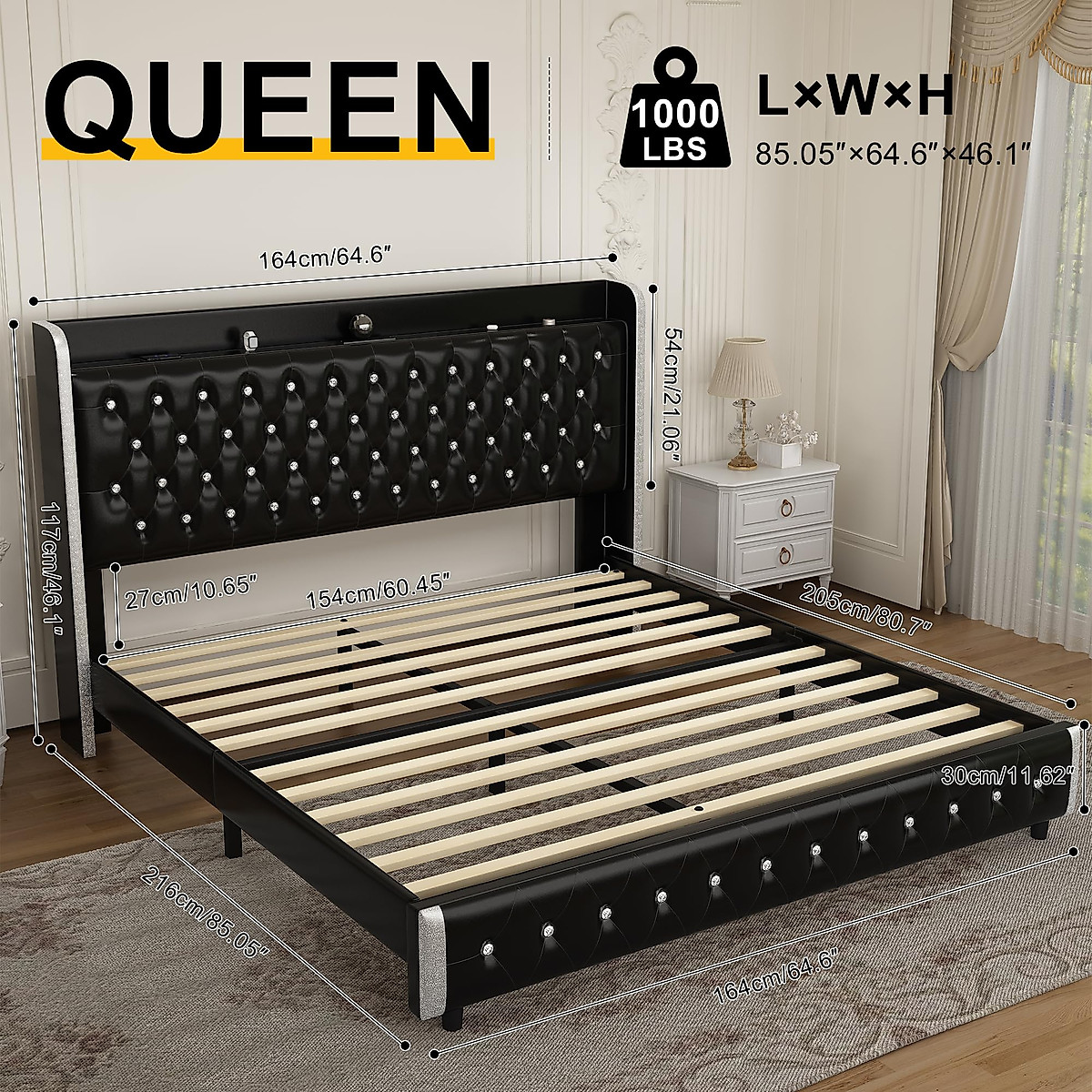 Queen Modern Wingback Upholstered Platform Bed Frame with Galaxy Projector, LED Bed Frame, Sturdy Noise Free Design, Headboard with Star Accents, Easy Assembly, No Box Spring Needed, PU Black