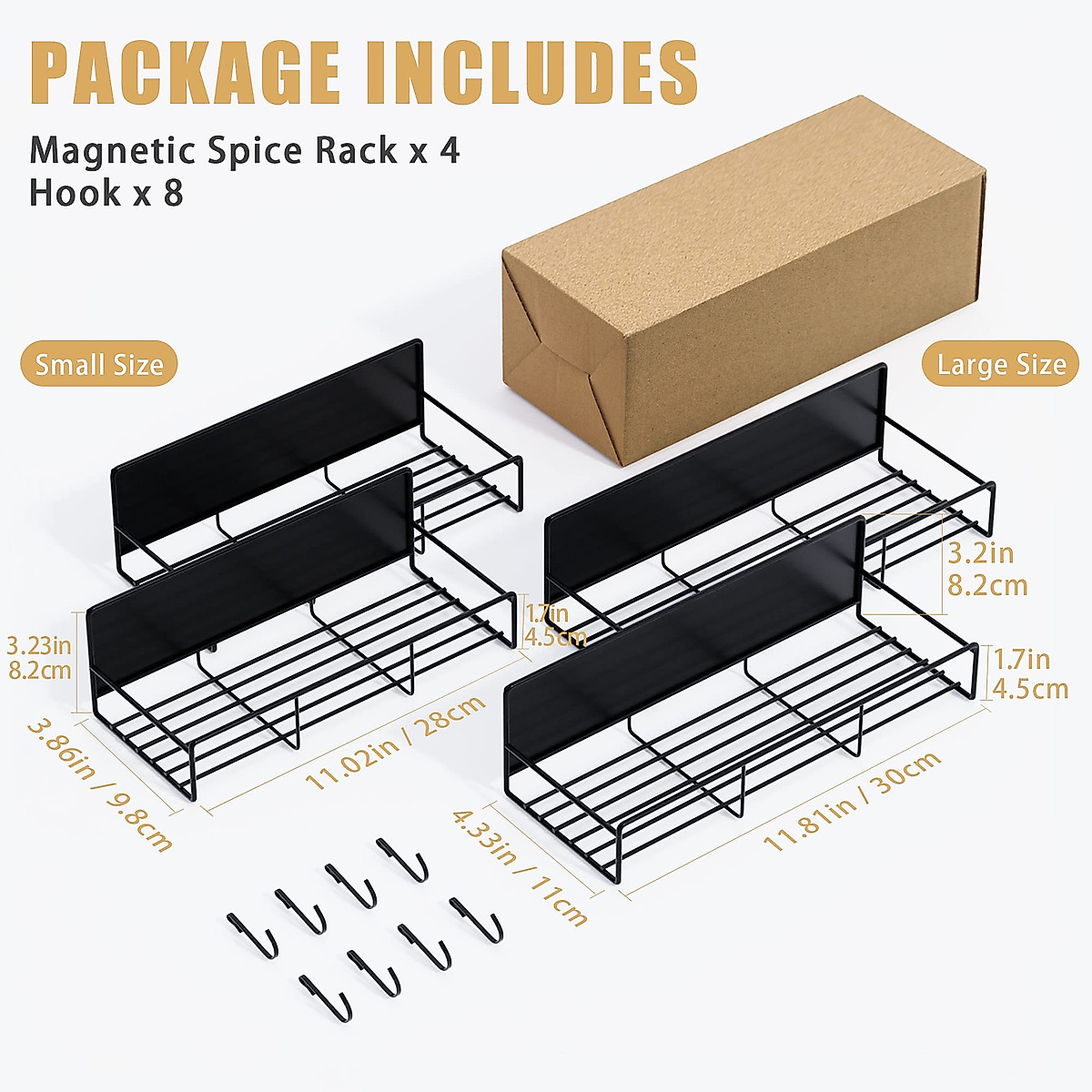 Lunememo Magnetic Spice Rack for Refrigerator - 8 Hooks - 4 Pack Magnetic Shelf Organizer for Fridge, Microwave Oven and Whiteboard - Space Saving Seasoning Rack for Small Kitchen, Black