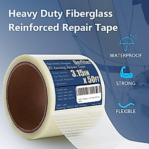 Breliter Fiberglass RV Awning Repair Tape - Repair Tape for Canvas, Tent Repair Tape for Tarp, Boat Covers, Sail, Tear Repair Patch Kit, Heavy Duty and Waterproof - 3.15 Inch Wide 50FT Long