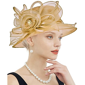 RZTA Women's Kentucky Derby Church Dress Hat Wide Brim Leaf Flower Bridal Shower Hat B Beige