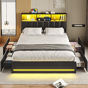 VIAGDO Queen Bed Frame with Bookcase Headboard, Wood Bed Frame Queen Size with Charging Station, 4 Storage Drawers and LED Lights, Upholstered Bed with Type-C and USB, No Box Spring Needed, Black