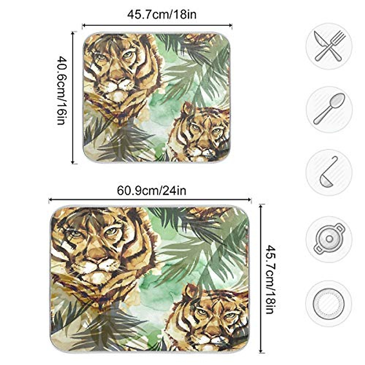 Tropical Leaves Tiger Dish Drying Mat 16"x18" Absorbent Machine Washable Hanging Fast Dry Pad Dish Protective Mat for Kitchen Countertop Heat Resistant Dinner Table Mat