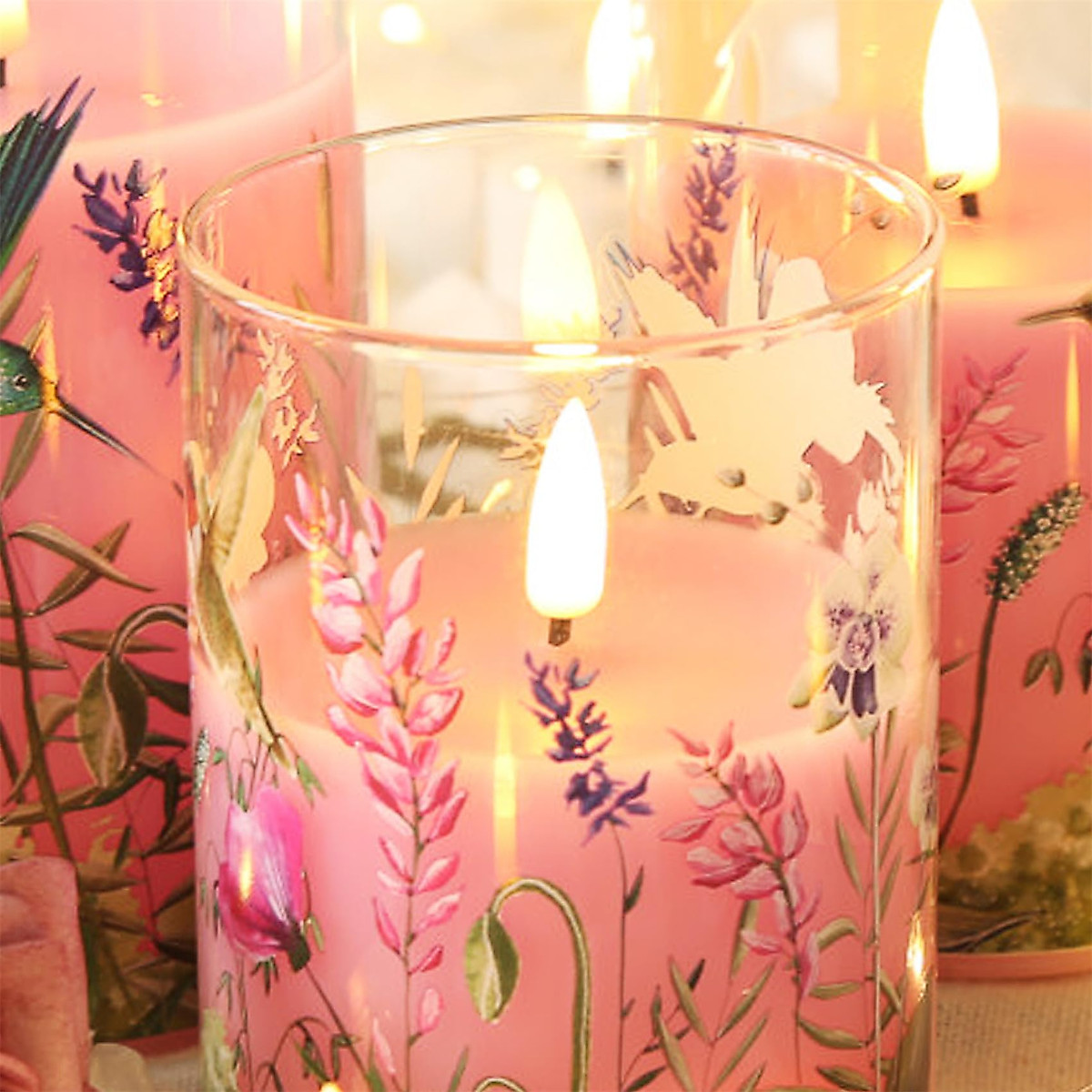 Girimax Pink Hummingbird Glass LED Candles with Remote, Flickering Flameless Candles Battery Operated Φ 3" H 4" 5" 6"