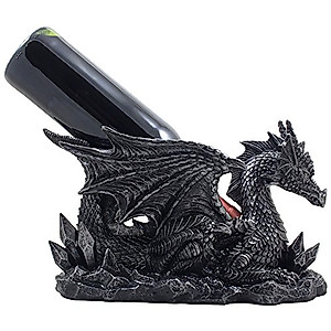 Mythical Guardian Dragon Wine Bottle Holder Statue in Metallic Look for Decorative Medieval and Gothic Decor for Home Bar, Tabletop Wine Rack and Office Server Decorations Or Rec Room Gifts for Men