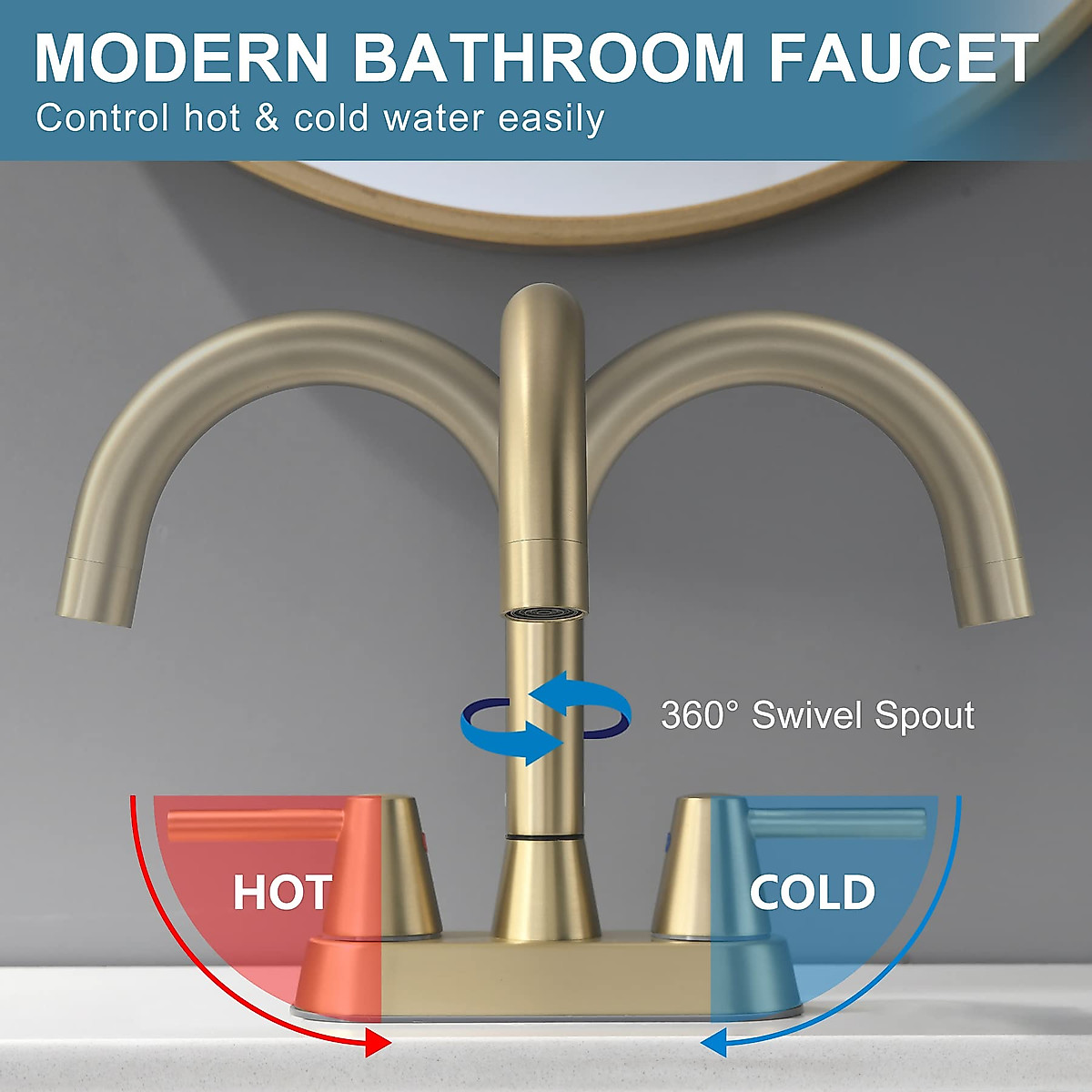 TONNY Gold Bathroom Faucet, 4-Inch Centerset Bathroom Faucet, 2 Handle Bathroom Sink Faucet with Water Supply Lines and Pop Up Drain Bathroom Faucets Brushed Gold