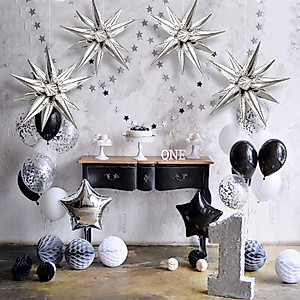 Moukiween 50 Pcs Explosion Star Foil Balloons- 12 Point Star Balloons,Silver Starburst Cone Mylar Balloons Spike Balloons for Party Supplies Christmas Birthday Wedding Baby Shower Photo Booth