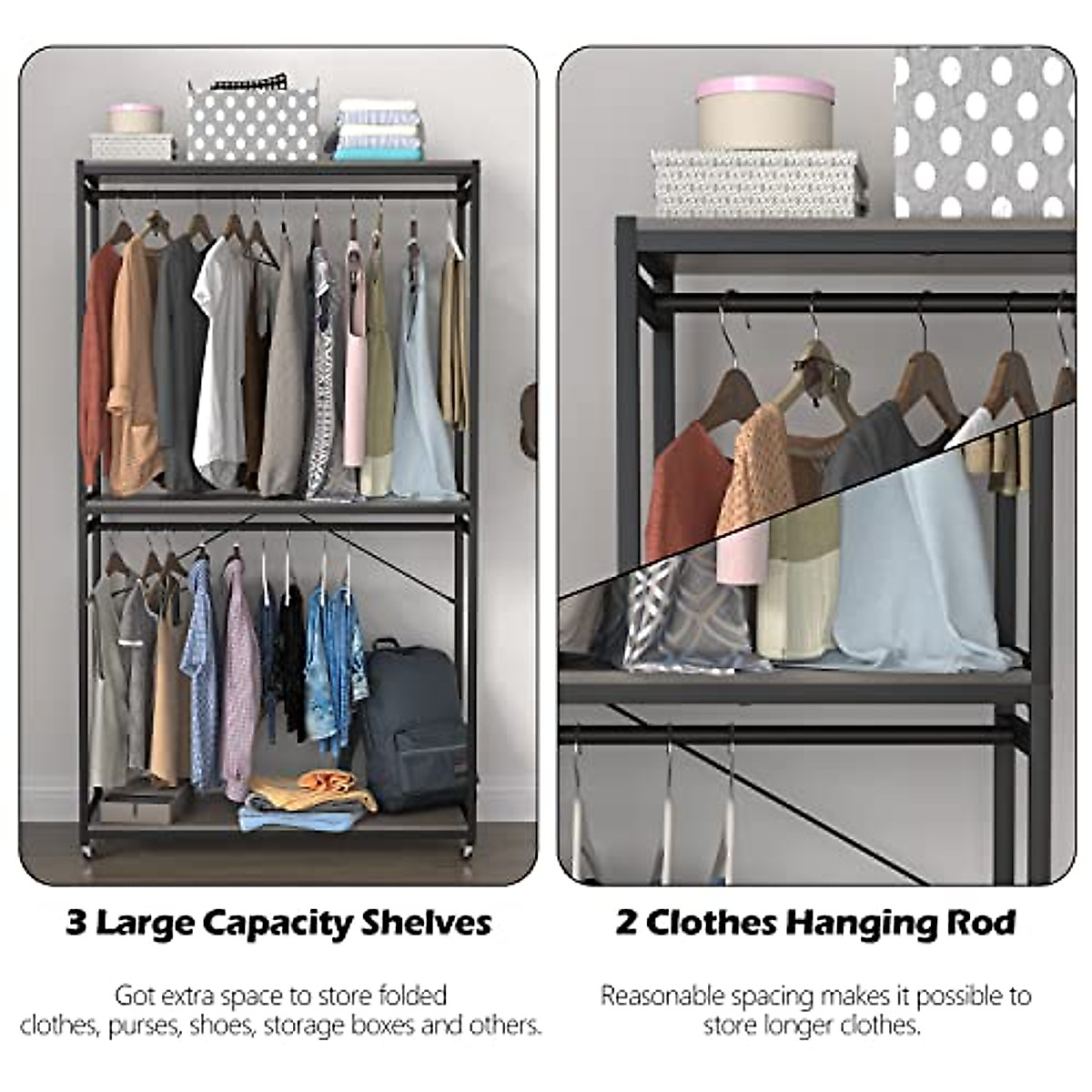 TOPSKY Clothes Rack, Clothing Garment Rack on Wheels, 3 Tiers Shelves Double Hanging Rod Clothes Garment Racks with Storage Shelves Heavy Duty (Espresso Gray)