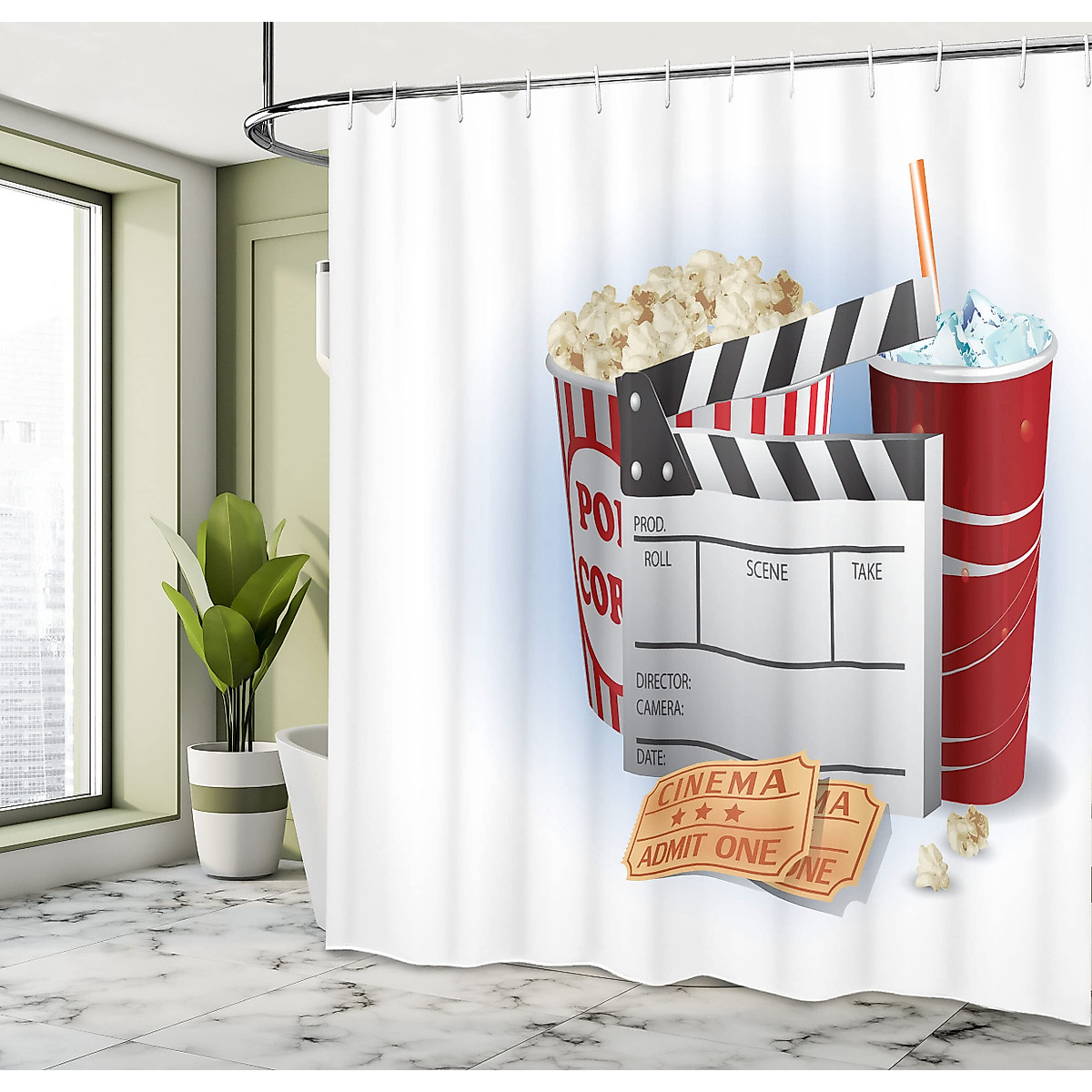 Ambesonne Movie Theater Shower Curtain, Soda Tickets Fresh Popcorn and Clapper Board Blockbuster Premiere Cinema, Cloth Fabric Bathroom Decor Set with Hooks, 69" W x 70" L, Pale Blue Ruby
