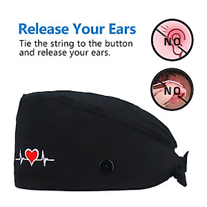 QBA Adjustable Working Cap with Button, Cotton Working Hat Sweatband, Elastic Bandage Tie Back Hats for Women & Men, One Size - Black with ECG