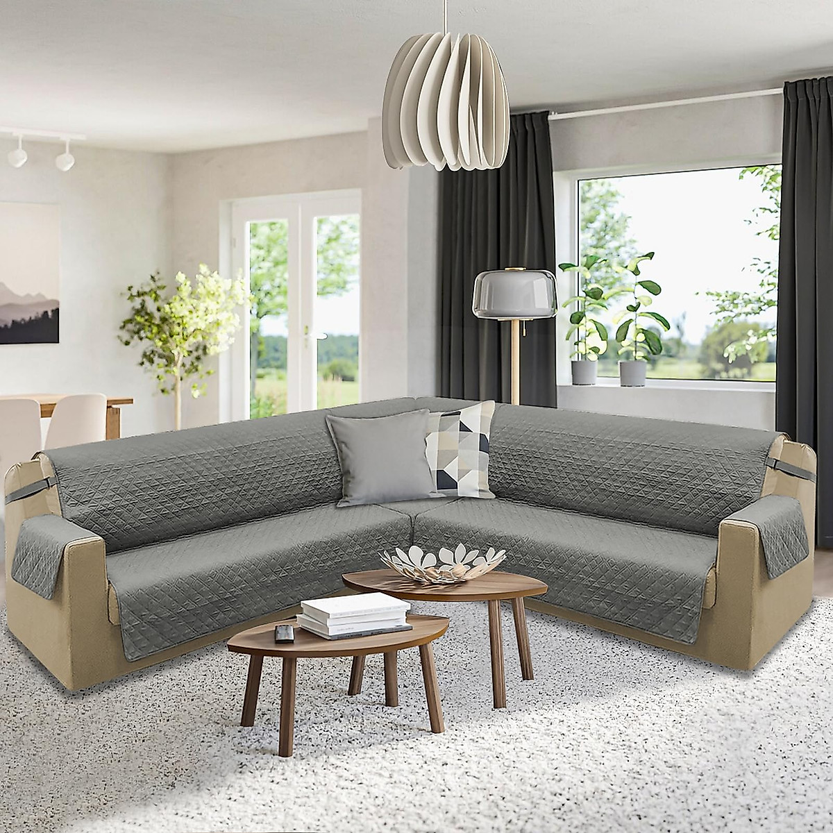 ALIECOM 100% Dual Waterproof Corner Sectional Couch Covers L Shape 3 Piece L Shaped Sectional Sofa Cover for Dogs Pets Living Room U Sectional Slipcovers Set Washable Slip Covers (Dark Gray, Large)