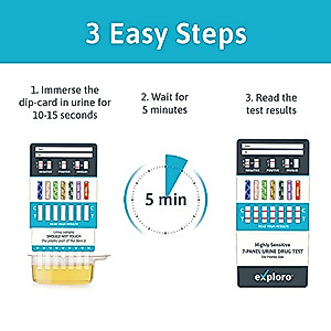 Exploro at Home Drug Test Kit for All Drugs (Most Used). 7-Panel Urine Drug Test. Marijuana (THC), Cocaine, Opiates, Amphetamine, Methamphetamine, Benzos (BZO), Ecstasy (MDMA). 5 Dip-Cards with Cups.