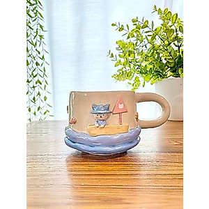 Adorable Journey cat. Cute Handmade ceramic cup, Hand-painted mug, Unique Surprise gift for Christmas or Birthday. Dishwasher and Microwave safe