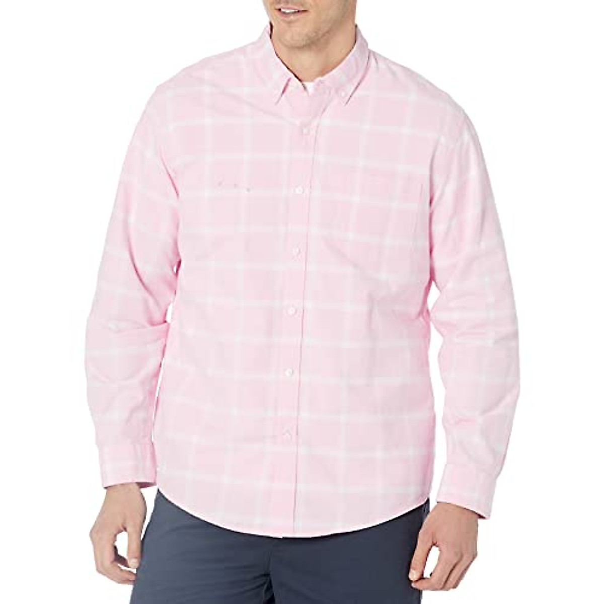 Amazon Essentials Men's Long Sleeve Shirts Casual - Regular-Fit Pocket Oxford, Pink White Windowpane, Large