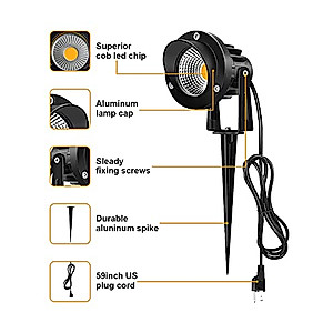 Outdoor Landscape Lights, 10W 120V AC LED Landscape Spot Light with Metal Ground Spike, 3000K Warm White, IP65 Waterproof, 5FT Cord with US Plug for Lawn, Garden, Yard, Flag Light (6 Pack)