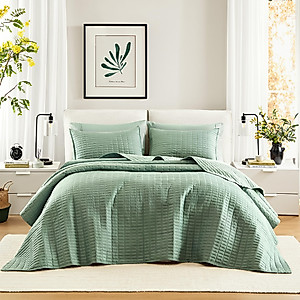 Comfort Spaces Kienna Quilt Set-Luxury Double Sided Stitching Design All Season, Lightweight, Coverlet Bedspread Bedding, Matching Shams, Bedspread King (120"x118"), Seafoam