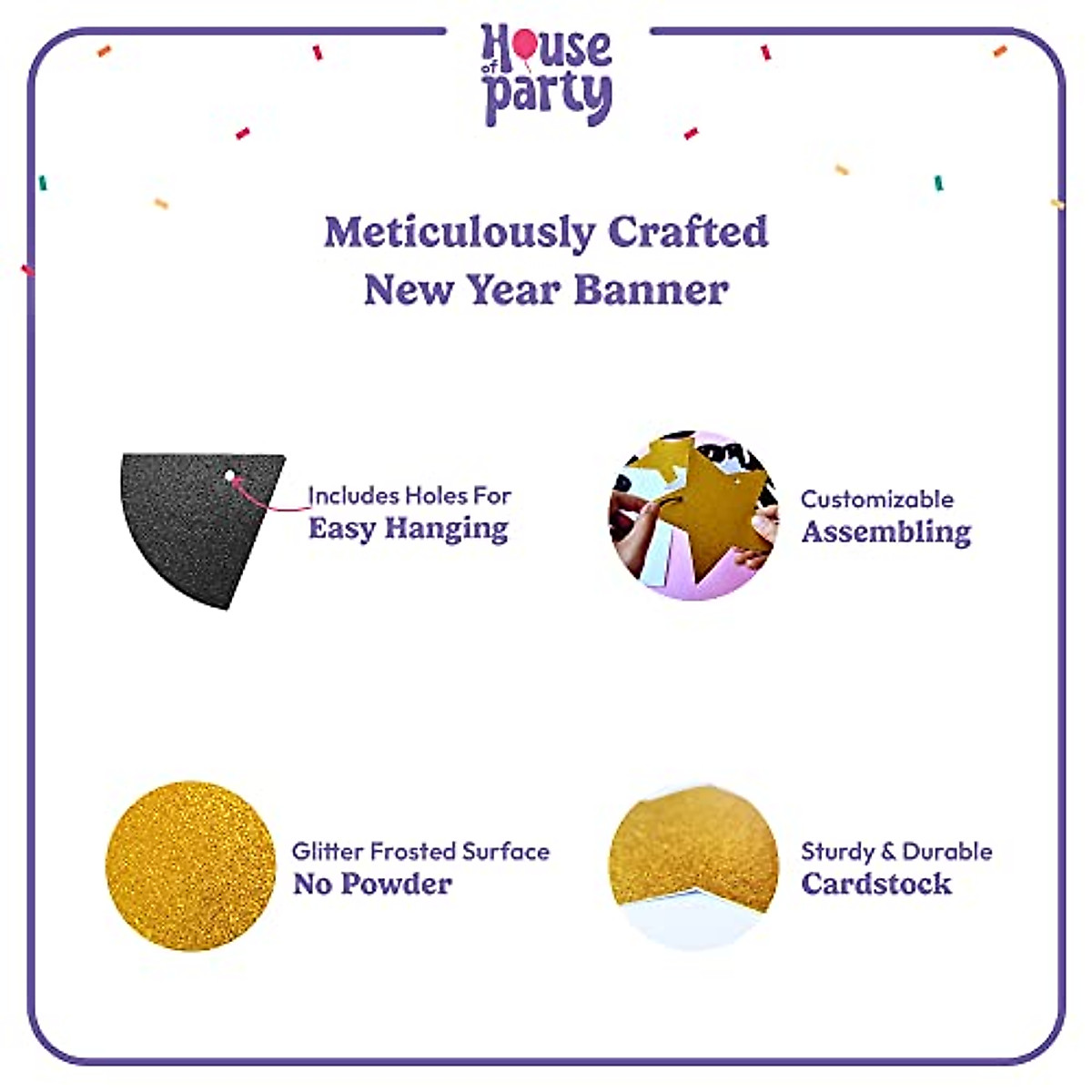 HOUSE OF PARTY New Year Paper Banner Pack - Cheers, Happy New Year, Triangle Banner - Silver Gold and Black Glitter New Years Decor NYE Decorations 2022