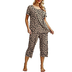 PrinStory Pajamas for Women Set Women Pj Set Womens Capri Pjs Sets Lightweight Pajama Pants for Women Ladies Causal Lounge Wear Set (LD Khaki XL)