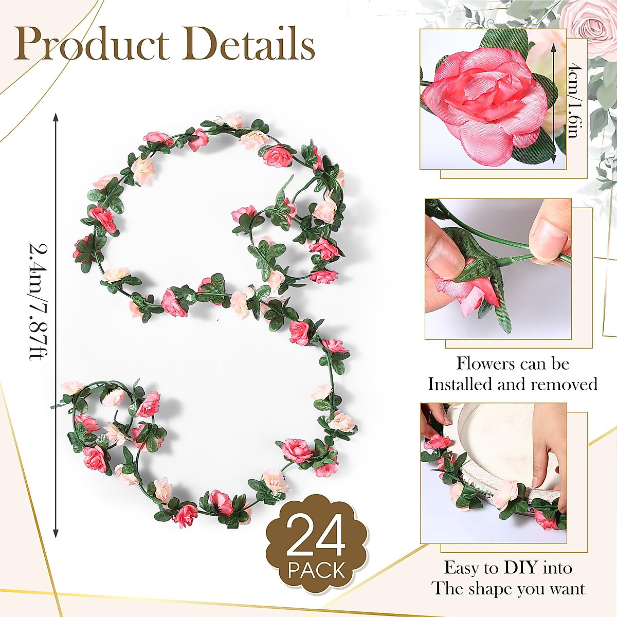 XunYee 24 Pcs 189Ft Flower Garland Artificial Rose Vines Hanging Rose Ivy Hanging Fake Rose Vines Garland Decorations for Room Wedding Birthday Christmas Wall Arch Garden Background Decor(Pink)