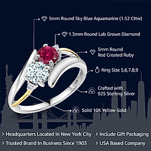 Gem Stone King 925 Sterling Silver and 10K Yellow Gold Red Created Ruby and Sky Blue Aquamarine with Lab Grown Diamond 2 Stone Crossover Ring For Women (1.52 Cttw, Available in size 5, 6, 7, 8, 9)