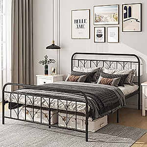 Saudism Queen Size Metal Bed Frame, 14.6" Queen Platform Bed Frame, Mattress Foundation with Victorian Style Iron-Art Headboard, Easy Assembly, Sturdy and Durable, No Box Spring Needed, Black
