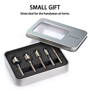 5-Piece HSS Countersink Drill Bit Set for Wood and Metal - 82 Degree 5 Flute High Speed Steel with 6mm Hex Shank - Sizes 1/4'' to 3/4'' - Includes Bit Case