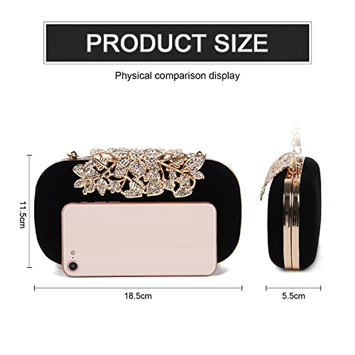 Oweisong Evening Clutch Purse for Women Wedding Flower Rhinestone Black Evening Bag Floral Crystal Shoulder Bag for Party